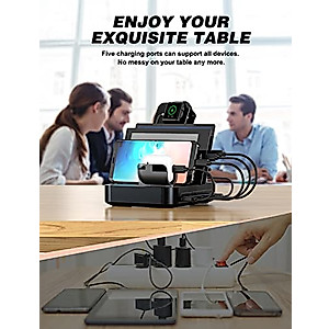 Charging Station for Multiple Devices, 5 in 1 Multi USB Charger Station with iWatch & Airpod Stand and 8 Mixed Short Cables, 50W Charging Dock Compatible with iPhone, iPad, Cell Phone, Tablets