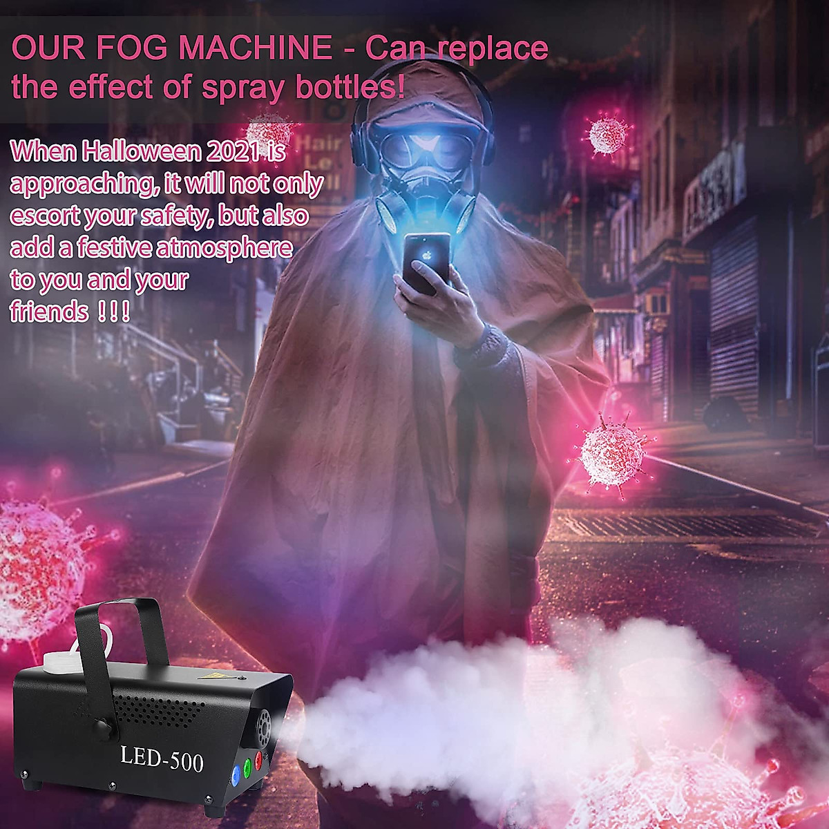 Fog Machine, 500W Portable Led Fog Machine with 11ft Wired Receiver and Wireless Remote Control, Three-Color Smoke Machine Suitable for Christmas/Valentine's Day/Halloween/Wedding/Party/DJ (Black)