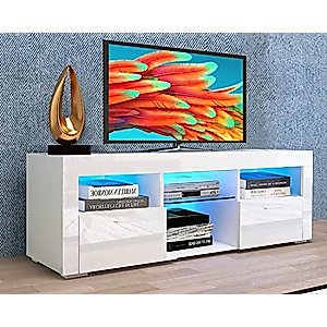 Goujxcy TV Stand for 55 inch TV with Storage - Entertainment Center for 55 inch TV, White Gloss TV Stand with LED Lights and 2 Drawer, Living Room TV Console Table Television Desk Stand