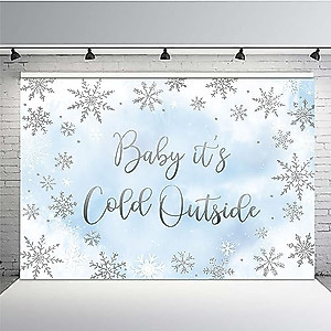 MEHOFOND 7x5ft Winter Baby Shower Backdrop Baby It's Cold Outside Silver Gliter Snowflake Photography Background Blue Watercolor Newborn Baby Shower Party Banner Decorations Photo Booth Props