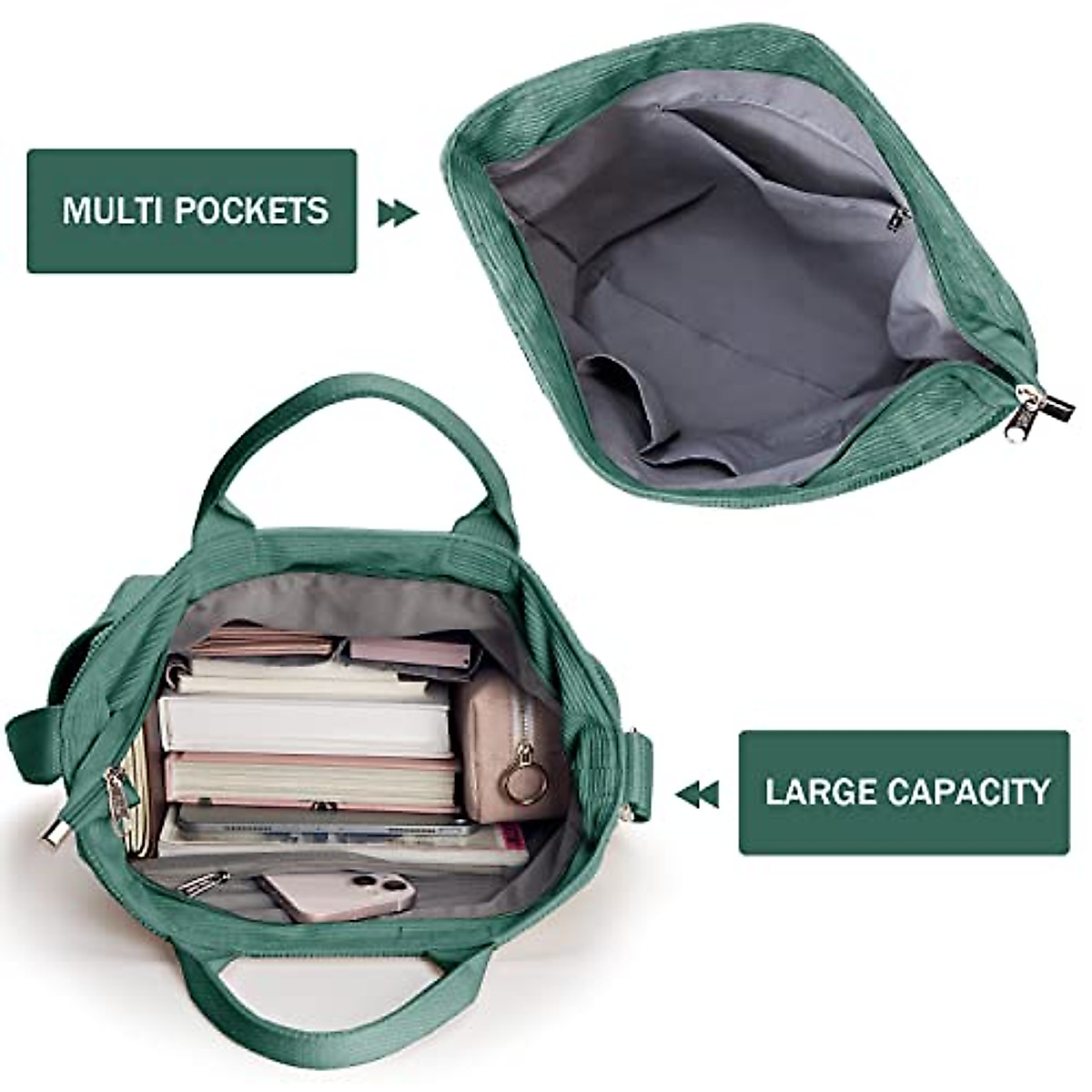 KALIDI Corduroy Tote Bag, Zipper Messenger Bag Shoulder Hobo Anti Splash Crossbody Bag Casual Work Shopping Women Frost Green