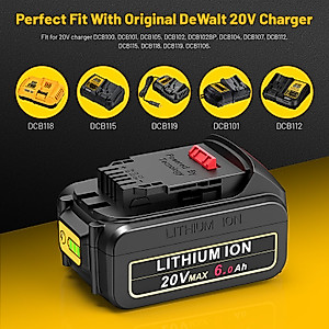 Futurebatt 20V Max Battery for DEWALT 20-Volt MAX Tools 6.0Ah Lithium Battery Replacement DCB206 DCB205 DCB204 DCB203 DCB201 DCB200 DCB181 DCB180 DCD DCF DCG DCS Series