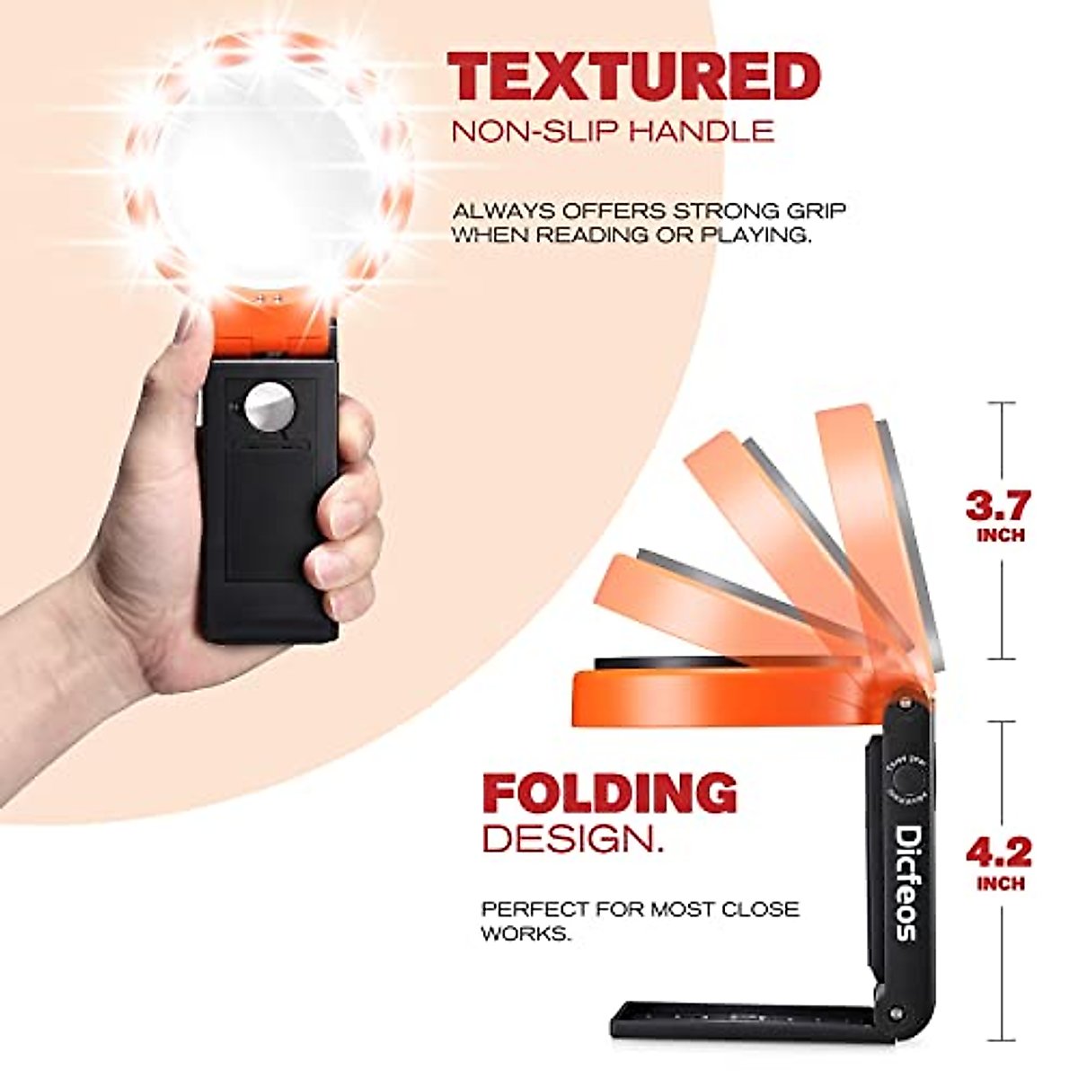 Dicfeos 30X 40X Magnifying Glass with Light and Stand, Folding Design 18 LED Illuminated Magnifying Glass for Close Work, Handheld Large Magnifying Glasses for Reading, Powered by Battery or USB