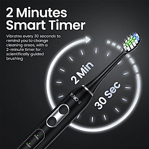 YUNCHI Y2 Charcoal Sonic Electric Toothbrush - Whitening, 5 Modes, Smart Timer, 8 Brush Heads, Rechargeable, For Adults and Kids