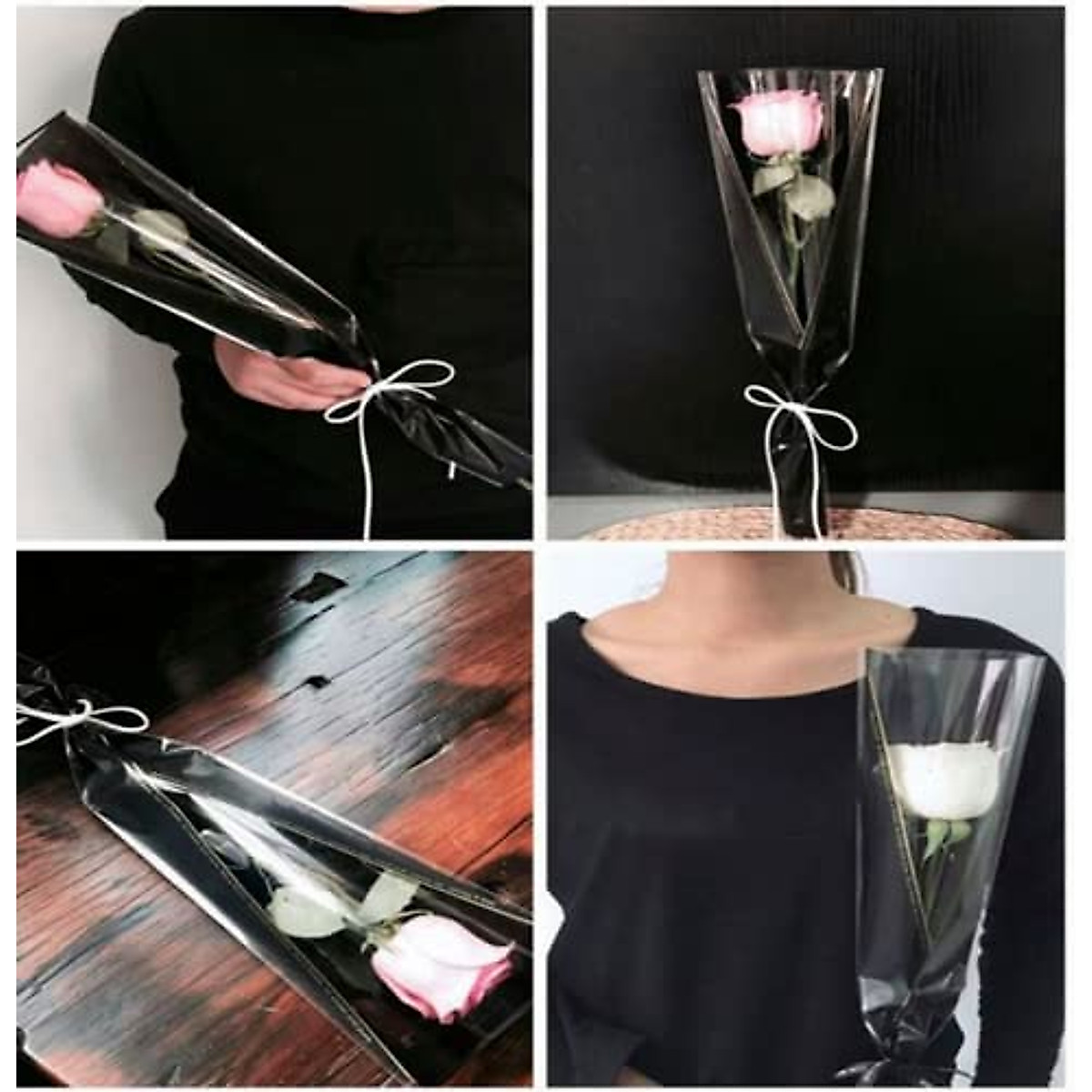 Rikyo 100 Counts Single Floral packaging bag,Single Rose Sleeve,Single Rose And Carnations Flower Wrapping Paper,Flower Bouquet Sleeve Bag for Mother's day Valentines Day Wedding Birthday Gift (Pink)