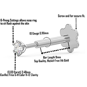 Eternaldia 2.33mm/2.4mm/4.25mm Real Diamond Nose Ring 14K Gold Nose Stud in 18, 19 & 19.5 Gauge / Diamond Nose Stud For Women Diamond Color- G-H Diamond Clarity- I1-I2 (2.4mm White Diamond 19G 6-Prongs Nose Stud)