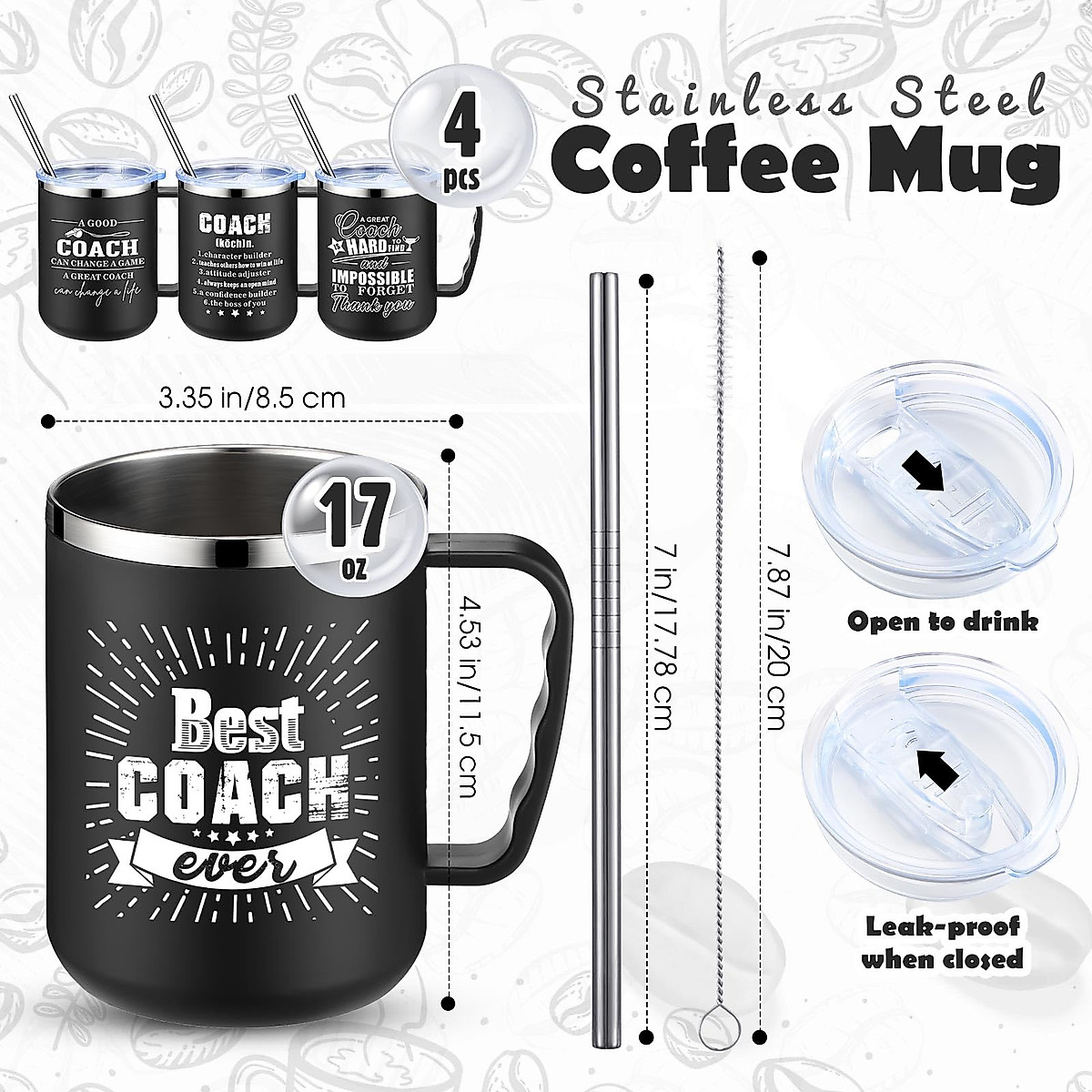 Sumind 4 Pcs Coach Gifts Coffee Mug with Lid and Handle 17 oz Stainless Steel Mug Double Wall Vacuum Travel Mug Coaches Appreciation Gift for Soccer Volleyball Basketball Football (Classic Style)