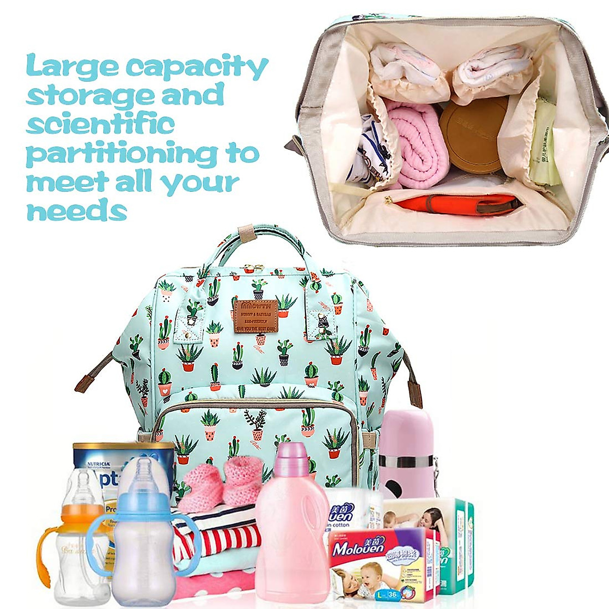 Cactus Green Diaper Bag Backpack Set for Baby Girls Mom, Large Bags with Nappy Pouch Stroller Straps