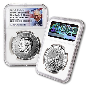 2023 1 oz British Silver Britannia Coin (King Charles III) by the Royal Mint Gem Uncirculated (Early Releases - King Charles III Label) 2£ GEMUNC NGC