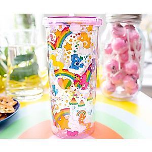 Silver Buffalo Care Bears Rainbow Stars Plastic Carnival Cup, Travel Tumbler With Lid and Reusable Straw | Holds 20 Ounces Yellow