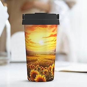 GTKSYNVE Reusable Coffee Mug with Lid and Handle, Dreamlike Sunset Of A Sunflower Field Tumbler for Hot & Cold Drinks 16oz Stainless Steel Insulated Coffee Tumblers Double Wall Vacuum Thermal Cup