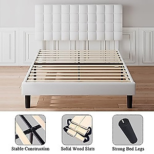 iPormis Full Size Platform Bed Frame, Faux Leather Upholstered Bed Frame with Square Tufted Headboard, Wood Slats Support, No Box Spring Needed, Easy Assembly, White