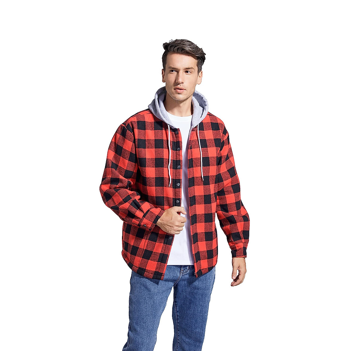 Derbars Men's Plaid Shirts Hoodie Casual Long Sleeve Flannel Shirt Jacket Winter Coat with Pocket Red Medium