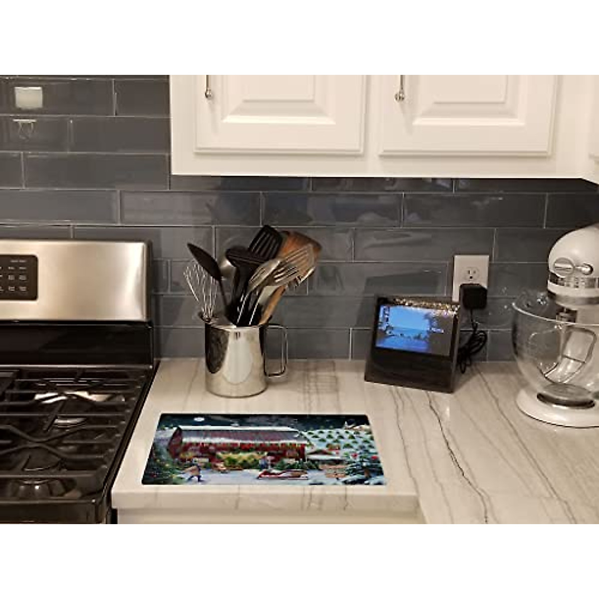 Caroline's Treasures PTW2002LCB Christmas Tree Farm Glass Cutting Board Large Decorative Tempered Glass Kitchen Cutting and Serving Board Large Size Chopping Board