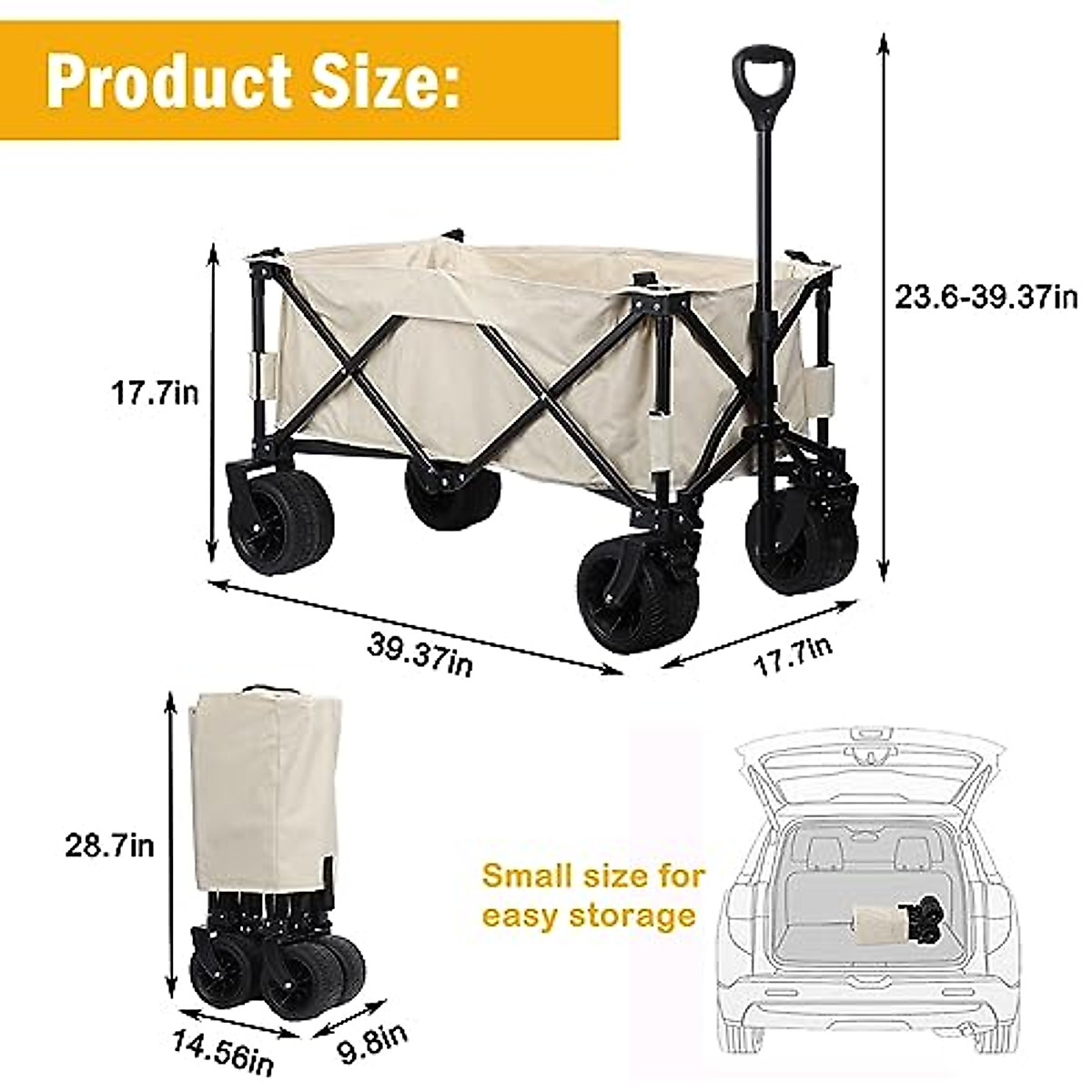 Collapsible Wagon Cart, Heavy Duty Folding Wagon, 176lbs Large Capacity Beach Wagon, All Terrain Wagon, Portable Outdoor Utility Wagon for Sports Shopping Camping Garden(White)