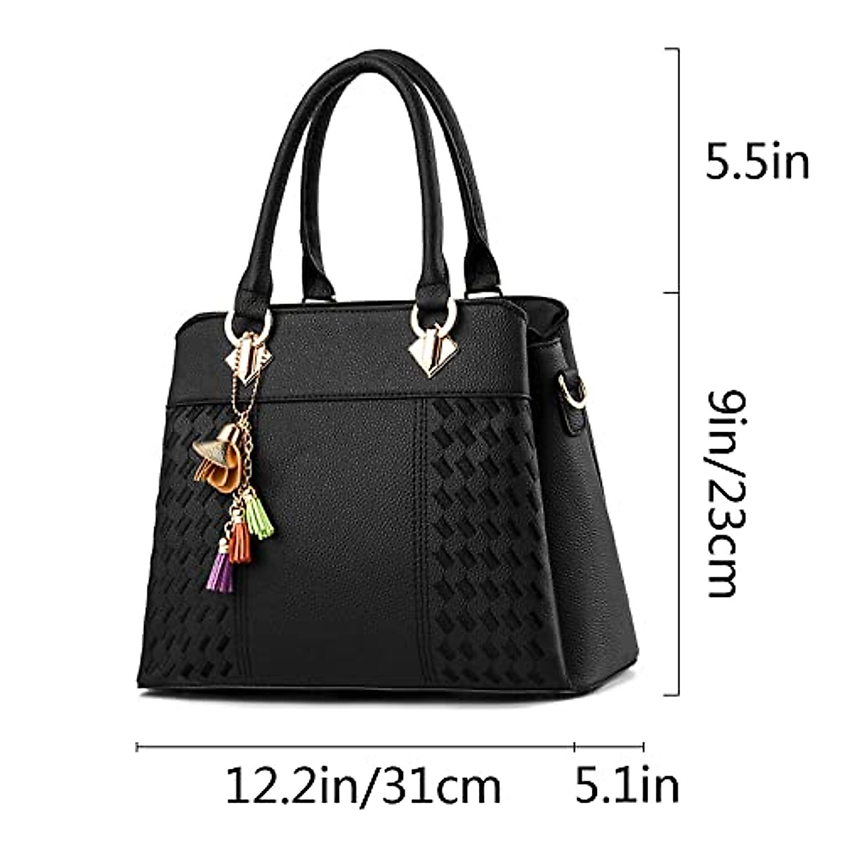SMALLBLUER Top-Handle Handbags Purse Tote for Women Soft PU Leather Crossbody Shoulder Bag with Tassel Pendant-Black