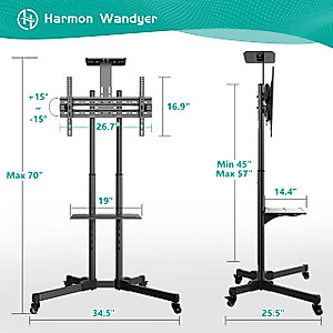 Mobile TV Stand Rolling TV Stand with Wheels for 32-85 Inch LED LCD Flat Curved Screens TVs, Height Adjustable Portable Cart Trolley Floor Stand with Shelf for Home Office
