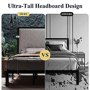 Allewie Full Size Bed Frame with 47'' Tall Upholstered Headboard, High Metal Bed Frame with 12'' Under-Bed Storage Space/Wood Slats Support/Easy Assembly/No Box Spring Need/Noise-Free/Grey