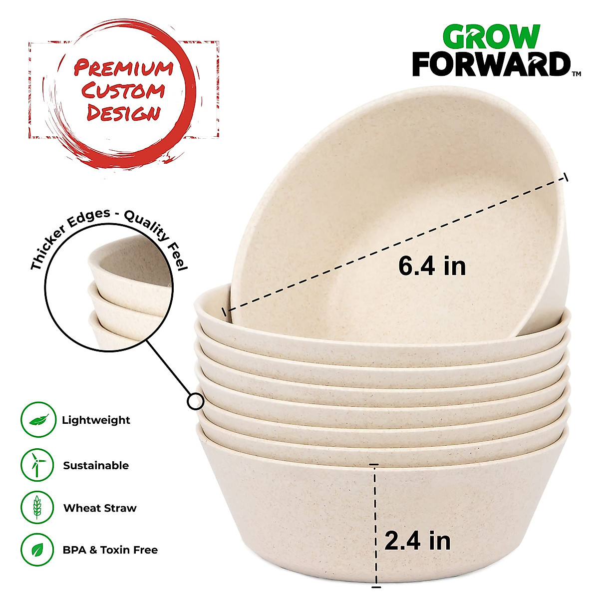 Grow Forward Premium Wheat Straw Cereal Bowls Set of 8-28oz Microwave Safe Plastic Bowls Reusable - Unbreakable BPA-Free Dishwasher Safe Bowls for Camping, RV - Bowls for Kitchen - Sahara