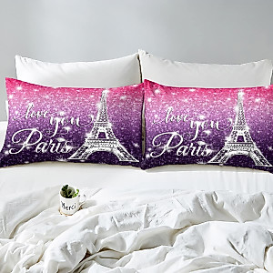 Paris Fitted Sheet Queen Size Kids Eiffel Tower Bed Sheet Sparkle Starry Sky Galaxy Sheet Sets For Boys Girls Teens Bedroom Decor, Romantic French Theme Flat Sheet 4Pcs With 2 Pillow Cases, Purple