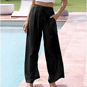 Duyang Womens Cotton Linen Palazzo Pants Drawstring Elastic Waist Casual Wide Leg Trousers with Pockets(Black,XL)