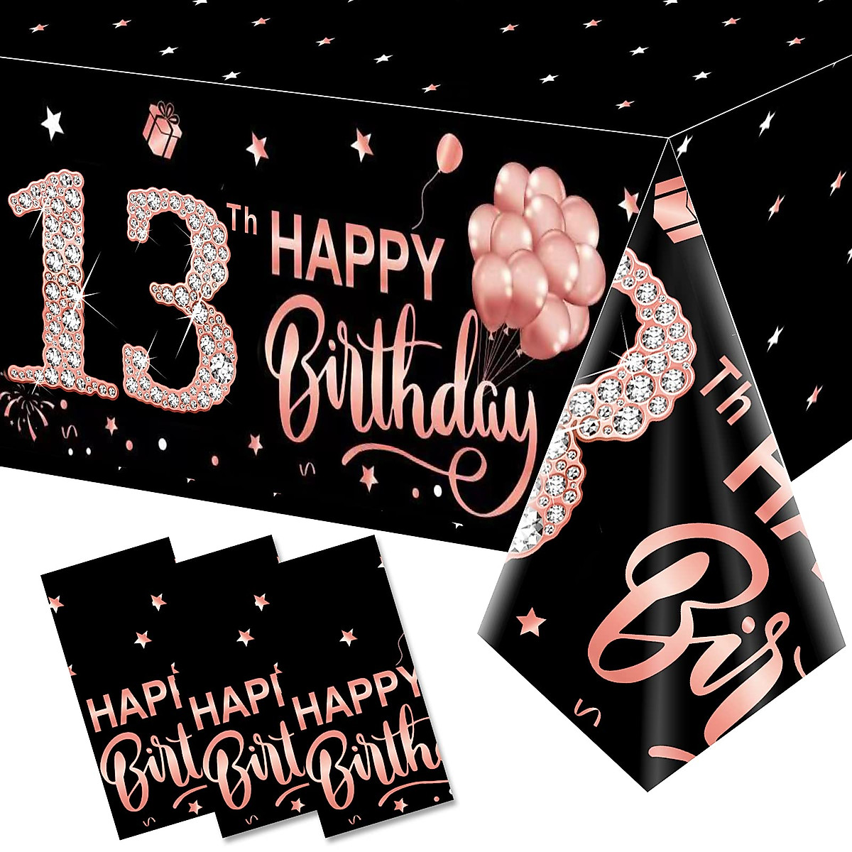 3 Pack 13th Birthday Tablecloth Decorations for Girls，Rose Gold Happy 13 Birthday Table Cover Party Supplies, 13 Years Old Birthday Plastic Disposable Rectangular Table Cloth Decor