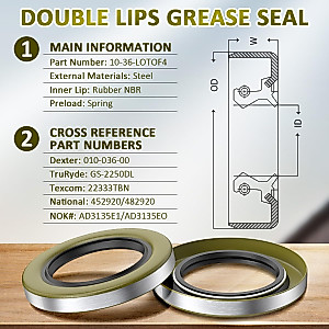 NOOTO 4 Pack 10-36-LOTOF4 Double Lip Grease Seal 2.25 x 3.376 Compatible with Dexter 010-036-00, TruRyde GS-2250DL, Texcom 22333TBN, National 452920, 482920, NOK AD3135E1, AD3135EO