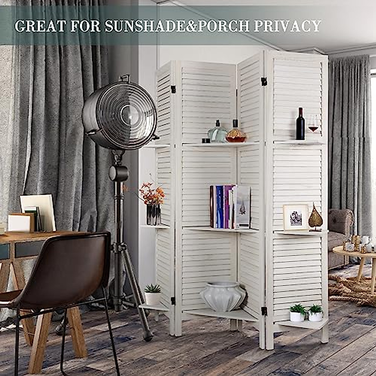 ECOMEX 4 Panel Room Divider with Shelves 5.6Ft Tall Folding Privacy Screens Room Dividers for Bedroom Home Double Hinged Wooden Room Dividers and Room Separator, White