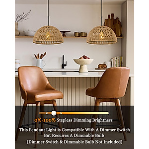 ELYONA Modern Boho Pendant Lights, Hand Woven Hanging Lamp with Dome Basket Shade & Rubber Wood Floor Lamp with Table for Farmhouse Kitchen Island Dining Room Living Room Hallway