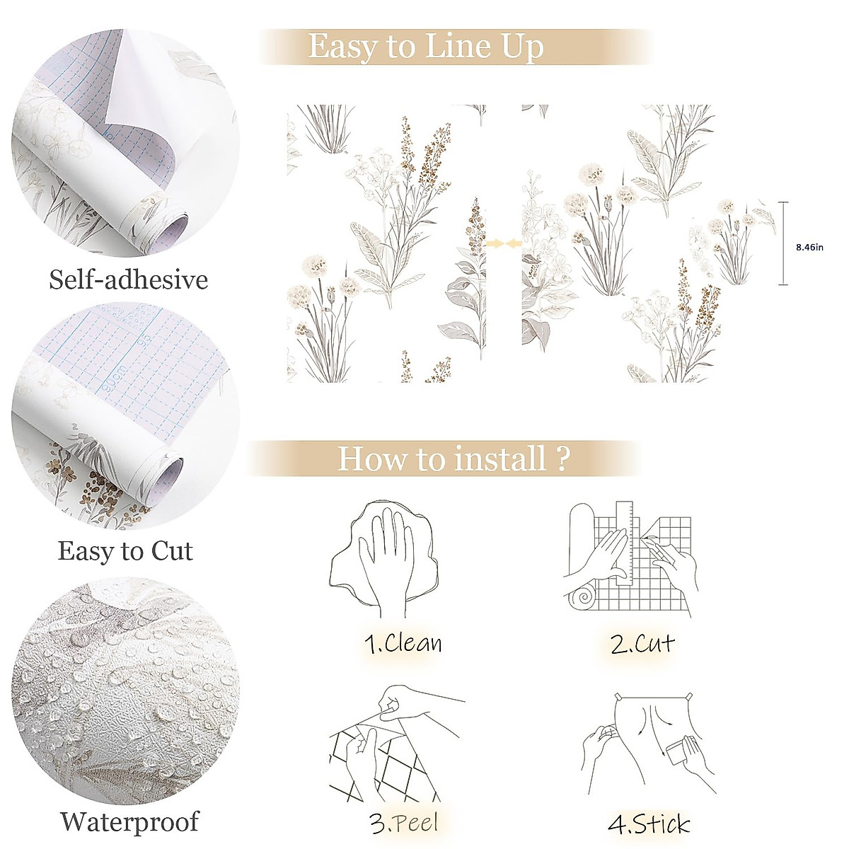 Orainege Peel and Stick Wallpaper Beige Floral Wallpaper Boho Contact Paper 15.7in x118.1in Self Adhesive Removable Wallpaper for Bathroom Bedroom Cabinets Decor