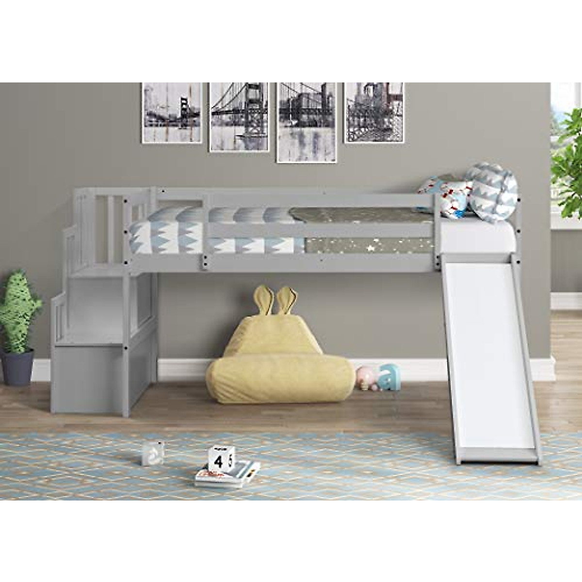 HABUHOME Loft Bed with Staircase, Storage, Slide, Twin Size, Full-Length Safety Guardrails, No Box Spring Needed, Grey