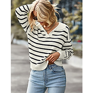 BQDCQB Women Striped Sweater Polo V Neck Long Sleeve Loose Sweater Knit Pullover Jumper Tops Black L