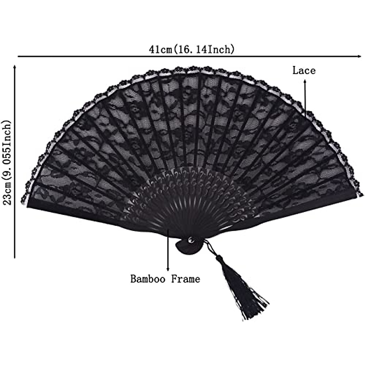 Womens Multi Color Handmade Cotton Lace Folding Hand Fan (Black-A) (Black)
