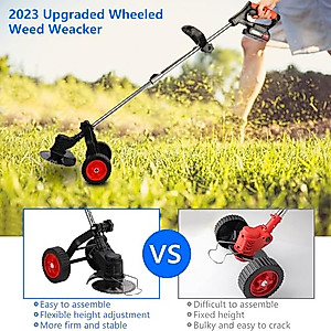 Hesitroad 3 in 1 Electric Grass Trimmer, Rechargeable D-Shaped Handle Weed Eater Cordless 2 Wheel Telescopic Lawn Mower Full Functional Brush Cutter for Garden 21V 2000mAh Batteries Supply 850W
