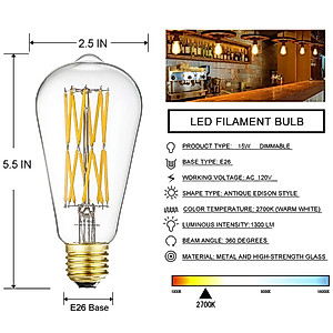 Leools Filament LED Edison Bulb 15W Dimmable 2700K Warm White 1300LM, 120W Incandescent Equivalent E26 Base, ST64 Vintage LED Filament Bulbs, 360 Degrees Beam Angle, Pack of 2