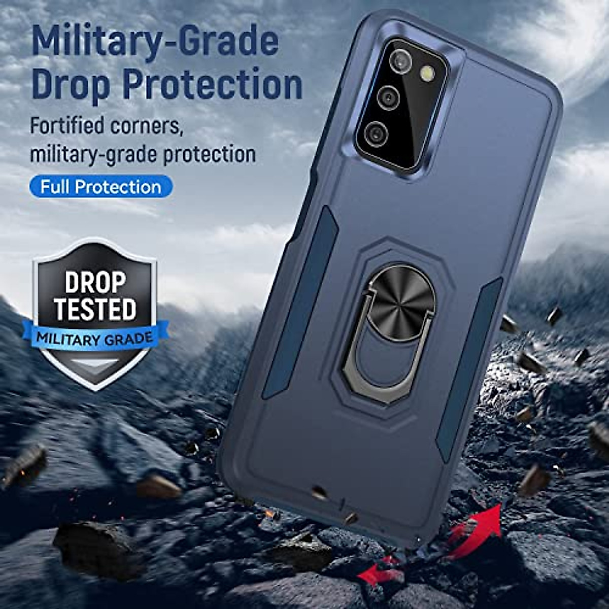 Janmitta Case for Samsung Galaxy A03s with Screen Protector+Camera Lens Protector,Heavy Duty Shockproof Full Body Protective Cover,Built in Finger Ring Stable Holder Kickstand,2022 Navy Blue