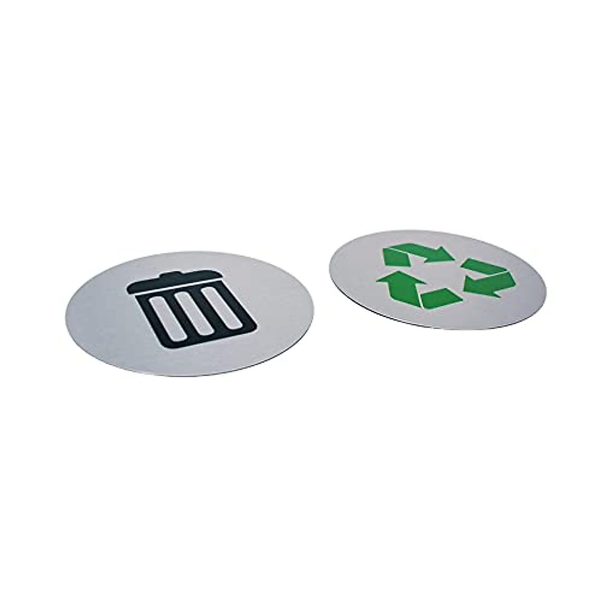 5.5" Round, Metal Trash & Recycling Signs | Set of 2 Garbage & Recycling Bin Markers | Brushed Silver Aluminum Signs with 1 Black Trash Sign & 1 Green Recycle Sign | Signs for Sustainability