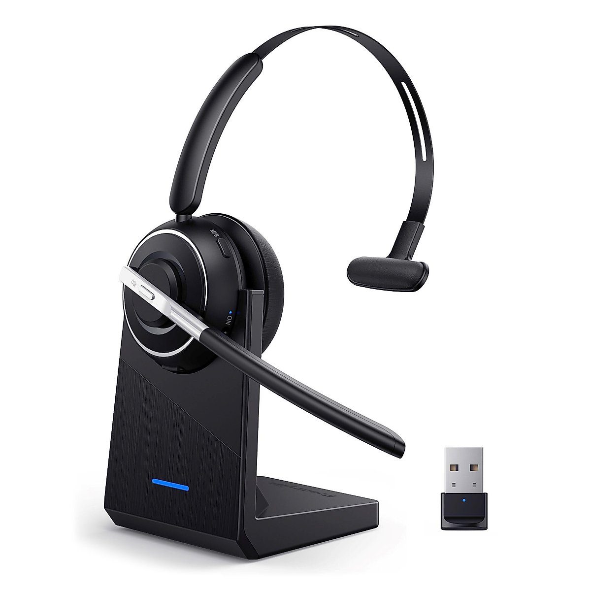 PrancyBt Bluetooth Headset, Wireless Headset with Microphone for PC, V5.2 Computer Headset with Noise Cancelling Mic, USB Dongle, Charging Base & Mute Button for Work, Cell Phones, Computer (Black)