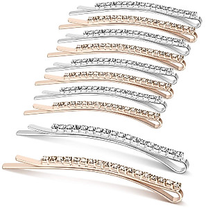 TecUnite 16 Pcs Rhinestone Bobby Pins Bling Decorative Hair Pins Metal Diamond Clear Crystal Fancy Hair Clips Barrette Accessories for Women Bridal Wedding Party Daily, 2.36 Inch(Silver, Rose Gold)