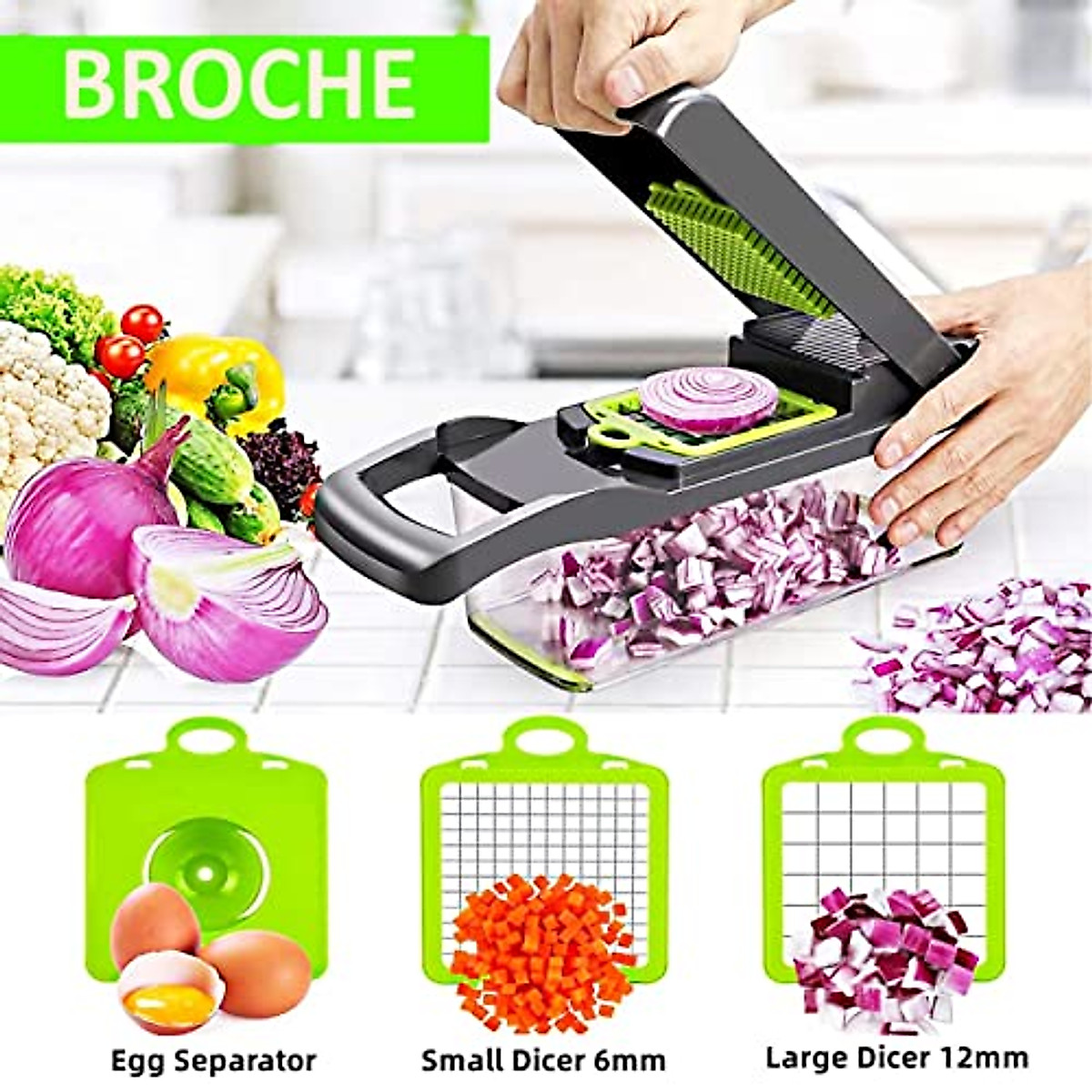 BROCHE Vegetable Chopper - Pro Onion Chopper - 12 in 1 - Multifunctional Slicer Vegetable Chopper with Container - Kitchen Organization - Food Chopper - Garlic chopper - Veggie Chopper with container