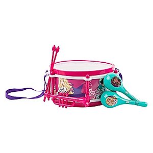 Sakar Barbie Six Piece Kids Drum Kit Musical Barbie Toys, Drum Set for Kids Music & Education, Comes with 4 Kids Instruments, 2 Drum Sticks, Bonus Toy Strap for Drums