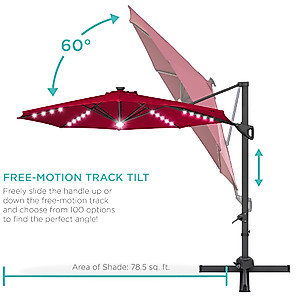 Best Choice Products 10ft Solar LED Cantilever Patio Umbrella, 360-Degree Rotation Hanging Offset Market Outdoor Sun Shade for Backyard, Deck, Poolside w/Lights, Easy Tilt, Cross Base - Burgundy
