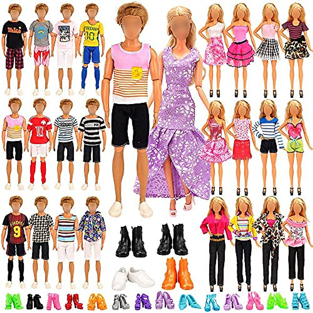 Miunana Lot 34 pcs Random Doll Clothes Shoes Set for 11.5 inch Doll, Includ 10 PCS Boy Doll Clothes + 5 Girl Clothes + 5 Girl Fashion Skirts + 4 Pairs for Boy Shoes + 10 Pairs of Girl Doll Shoes