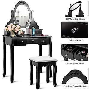 Vanity Table Set, Wooden Dressing Table with Oval 360° Rotating Mirror, 5 Storage Drawers, Painted Finish, Vanity Makeup Table with Padded Stool Seat, Detachable Table Top, Easy to Assemble (Black)