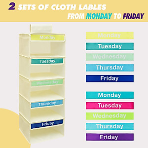 Weekly Clothes Organizer for Kids-Hanging Closet Organizer Kids Weekday-Kids Weekly Clothes Organizer-Days of The Week Clothing Organizer-Monday to Friday Clothes Organizer(Beige)