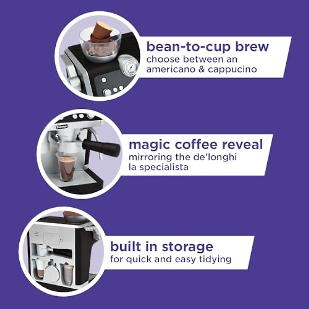 Casdon De'Longhi Toys Barista Coffee Machine. Toy Kitchen Playset for Kids with Moving Parts, Realistic Sounds and Magic Coffee Reveal. For Children Aged 3+, Silver, Black