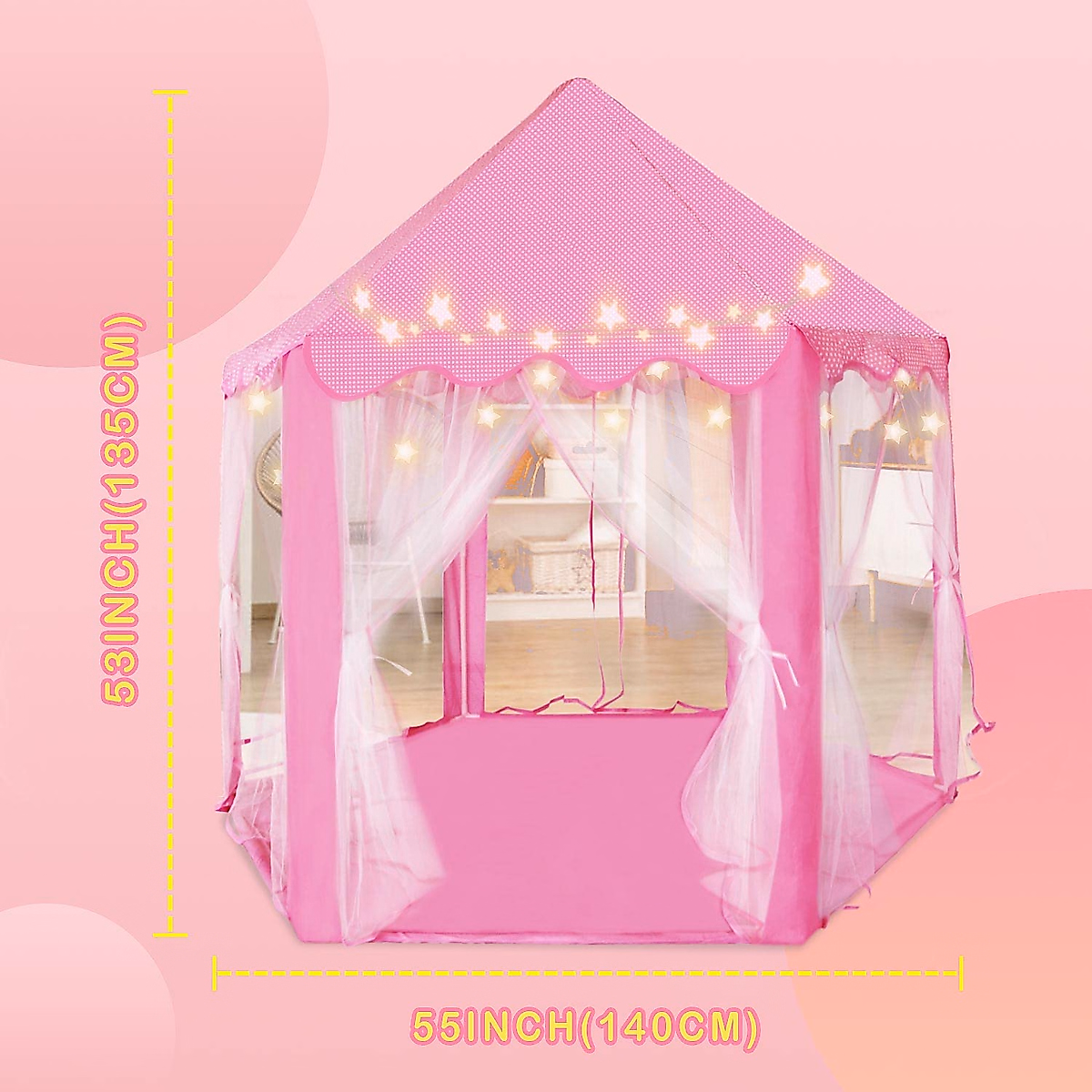 Kid's Play Tent, Ceither Princess Castle Girls Playhouse with Star Lights, 55" x 53" (L x H) Pink Princess Tent Indoor Outdoor for Imagination Interactive Play