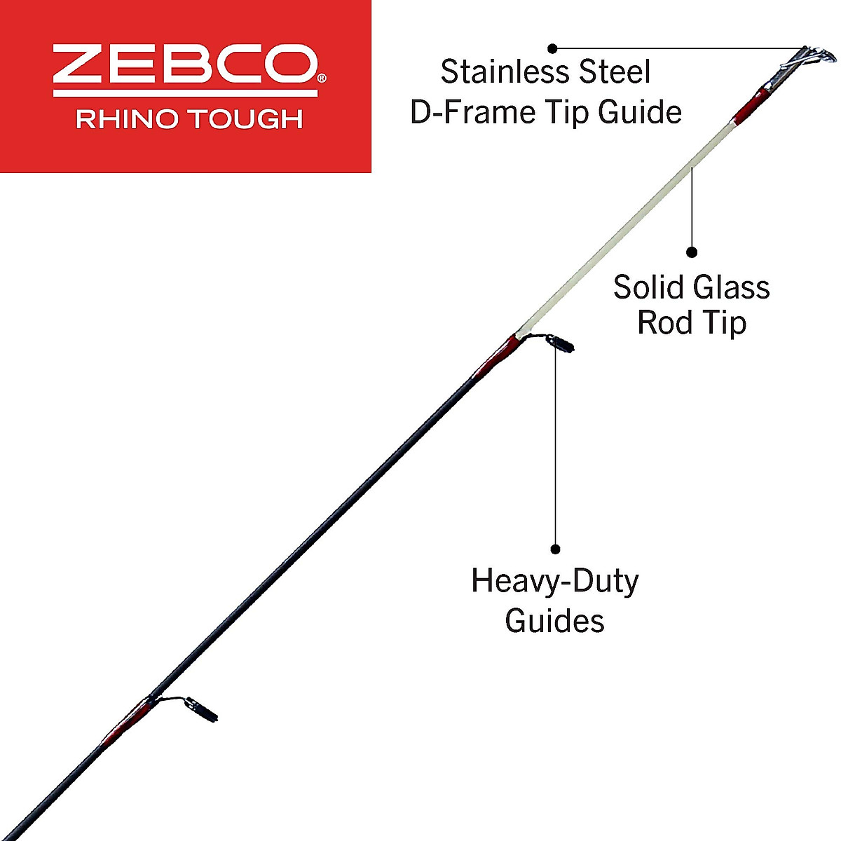Zebco Rhino Tough Spinning Fishing Rod, 7-Foot 2-Piece Heavy-Duty Cross-Weave Fishing Pole, Comfortable EVA Rod Handle, Heavy-Duty Guides, Stainless Steel D-Frame Tip Guide, Medium Power, Black