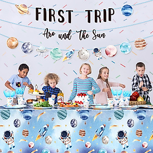 Pasimy 175 Pcs First Trip Around the Sun Birthday Party Supplies Outer Space 1st Birthday Decorations Plates Banner Napkins Tablecloth Solar System Galaxy Tableware Set Baby Shower Decor for 24 Guests
