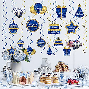 Blue Gold Birthday Hanging Swirls Decorations for Men Women, Happy Birthday Foil Swirls Party Supplies, 10th 16th 21st 30th 40th 50th 60th Bday Ceiling Hanging Decor
